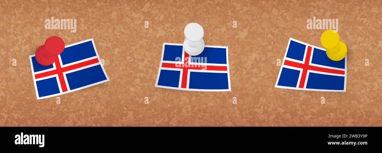 Iceland flag pinned in cork board, three versions of Iceland flag ...