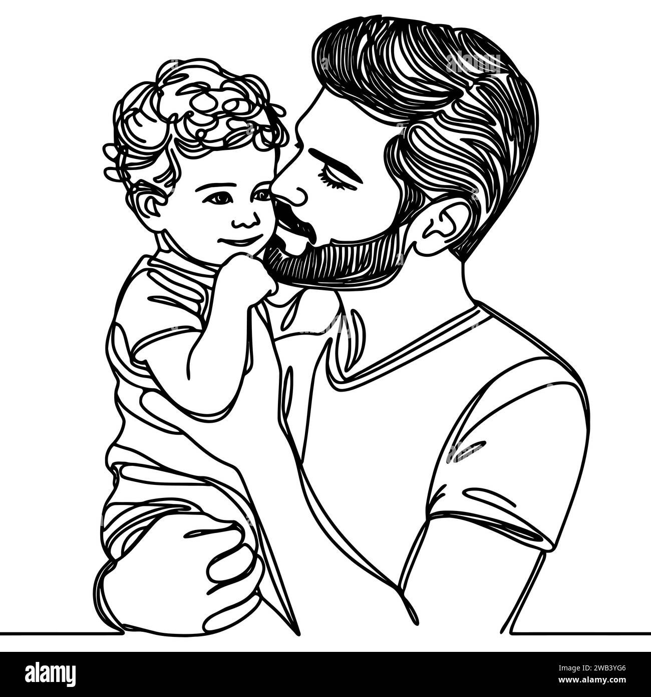 Continuous line drawing of a man holding a child in his arms. Father ...