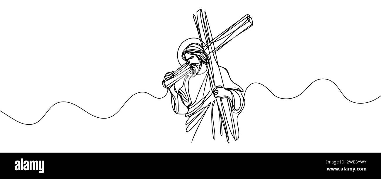 drawing of jesus christ carrying the cross drawn continuous line ...