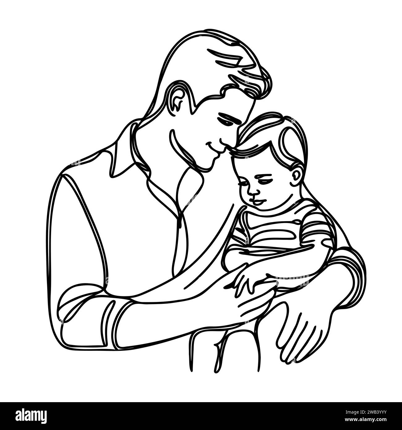 Continuous line drawing of a man holding a child in his arms. Father ...
