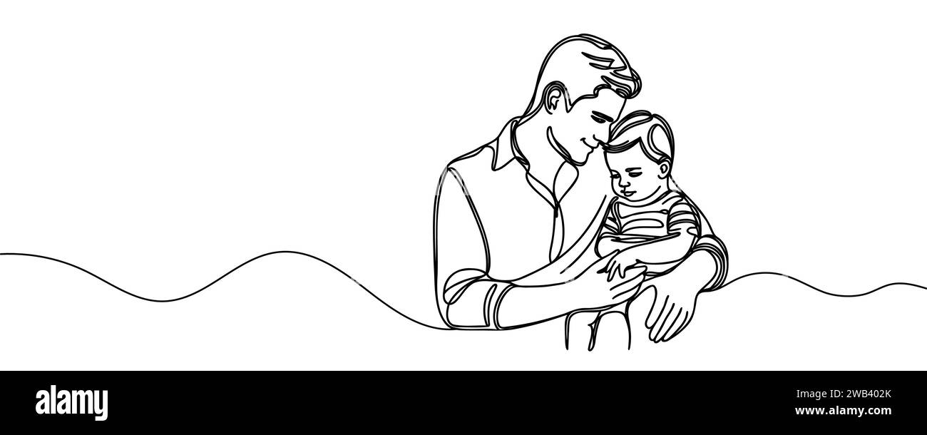 Continuous line drawing of a man holding a child in his arms. Father ...