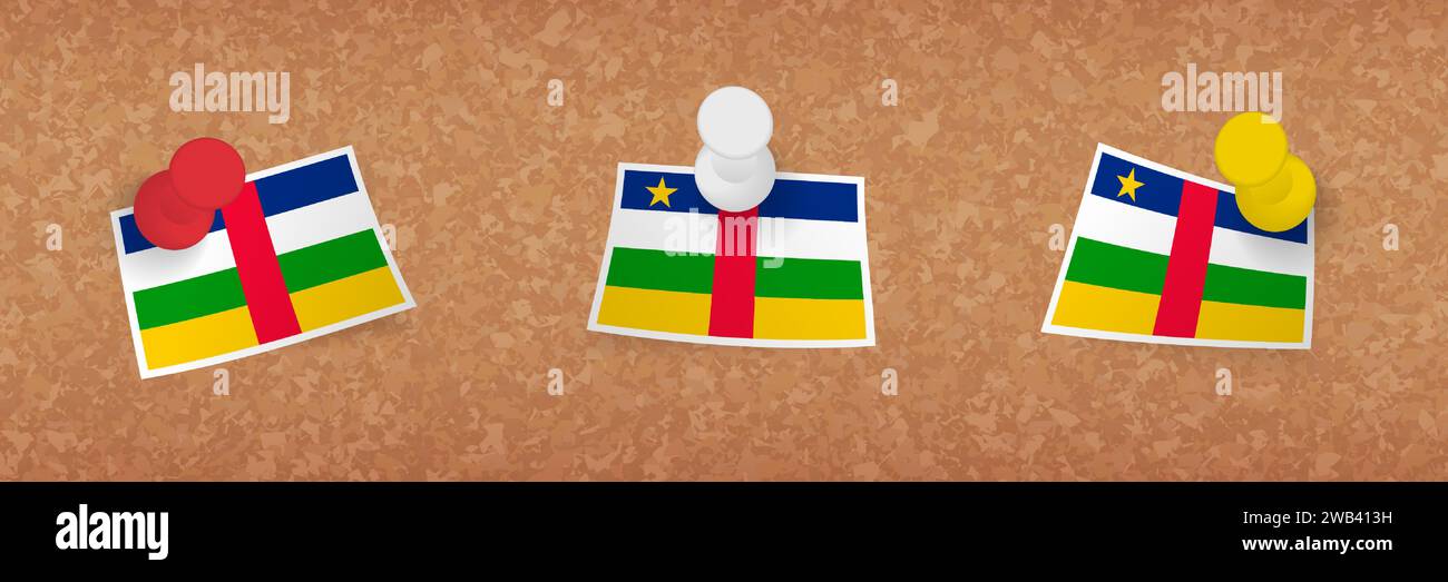 Central African Republic flag pinned in cork board, three versions of ...