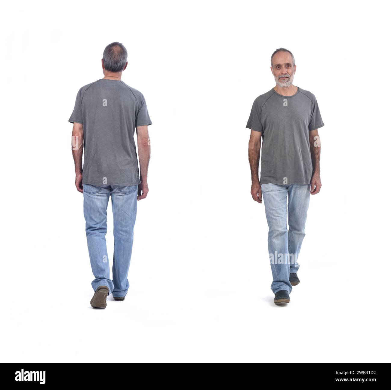 front and back view of same men walking on white background Stock Photo ...