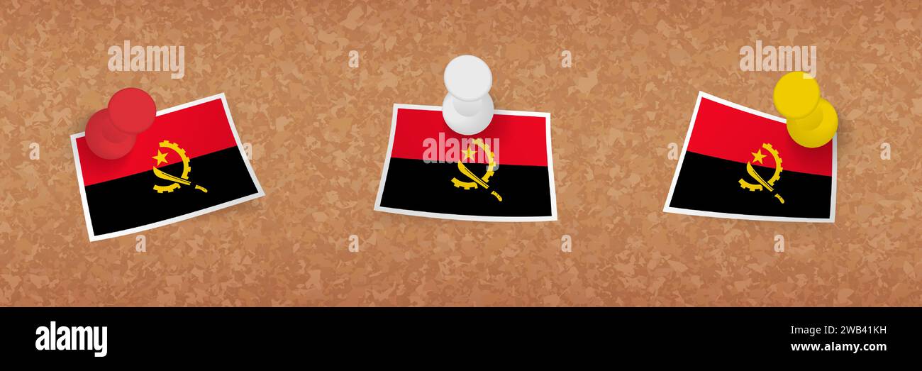 Angola flag pinned in cork board, three versions of Angola flag. Vector pushpins and flag set ...