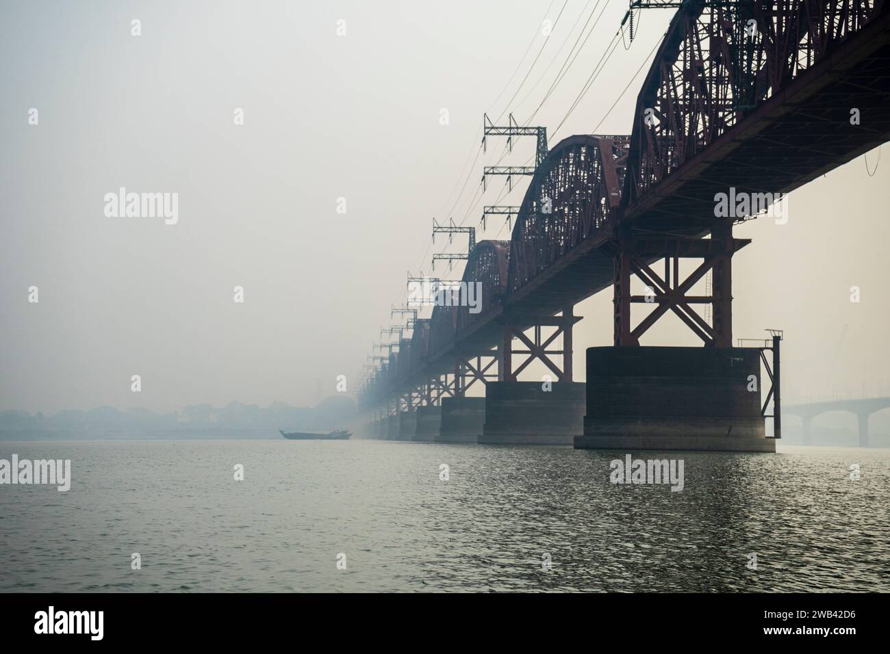 Hardinge Bridge in fog steel railway truss bridge over the Padma River ...