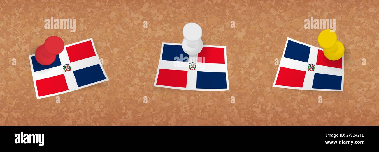 Dominican Republic flag pinned in cork board, three versions of ...