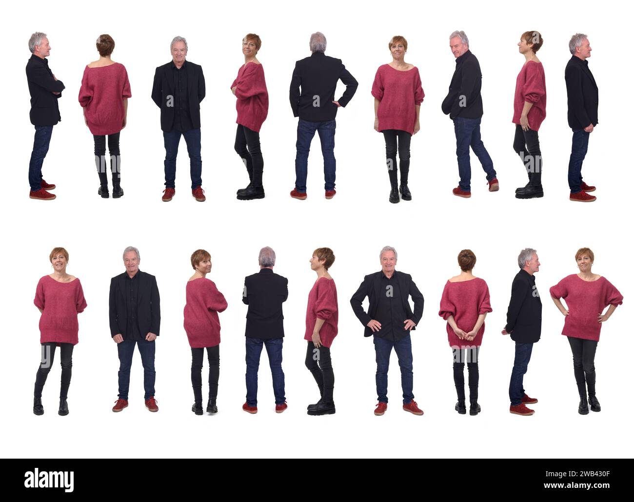 various poses of same man and woman standing on white background Stock ...