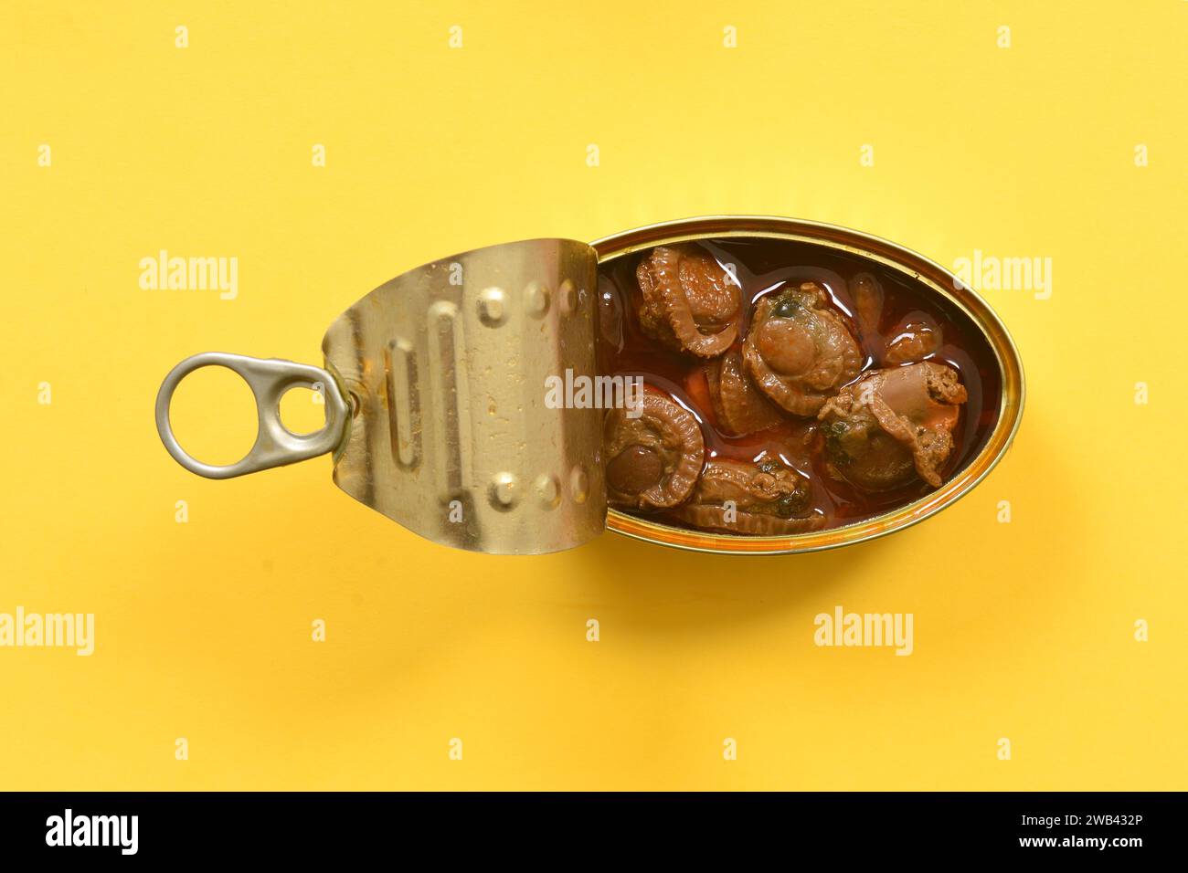 can of sea scallops on yellow background Stock Photo - Alamy