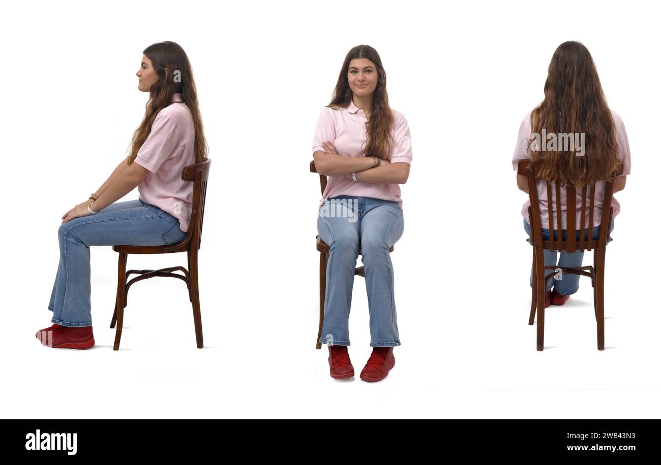 side, front and back view of same woman sitting on chair on white ...