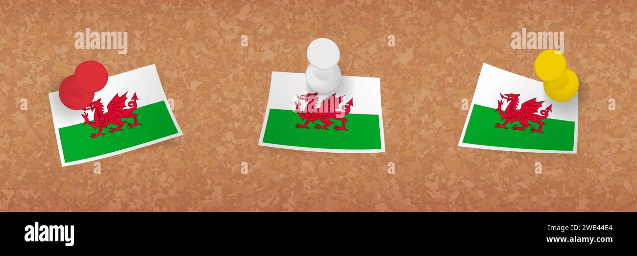 Wales flag pinned in cork board, three versions of Wales flag. Vector ...