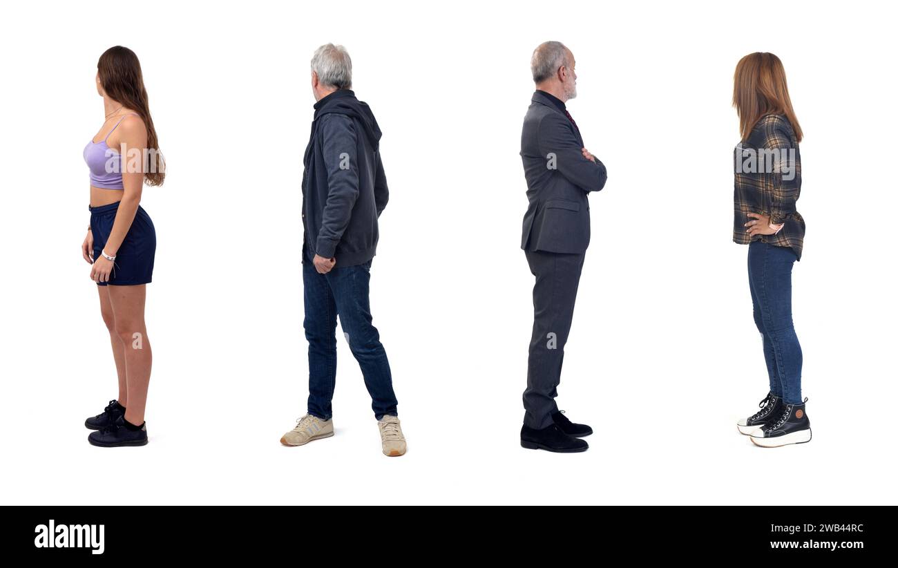 group of women and men looking back on white background Stock Photo - Alamy