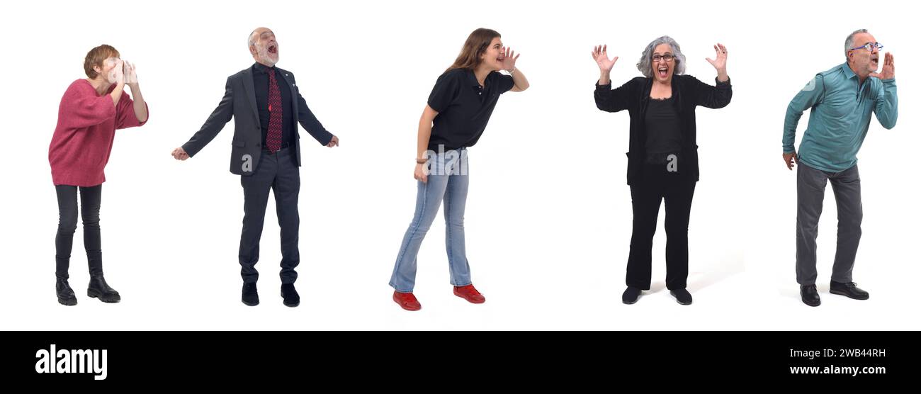 group of people shouting on white background Stock Photo - Alamy