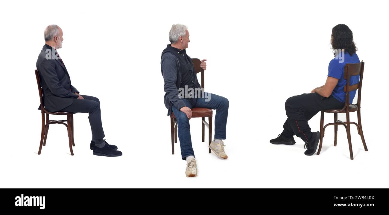 group of people sitting on chair and looking back on white background ...
