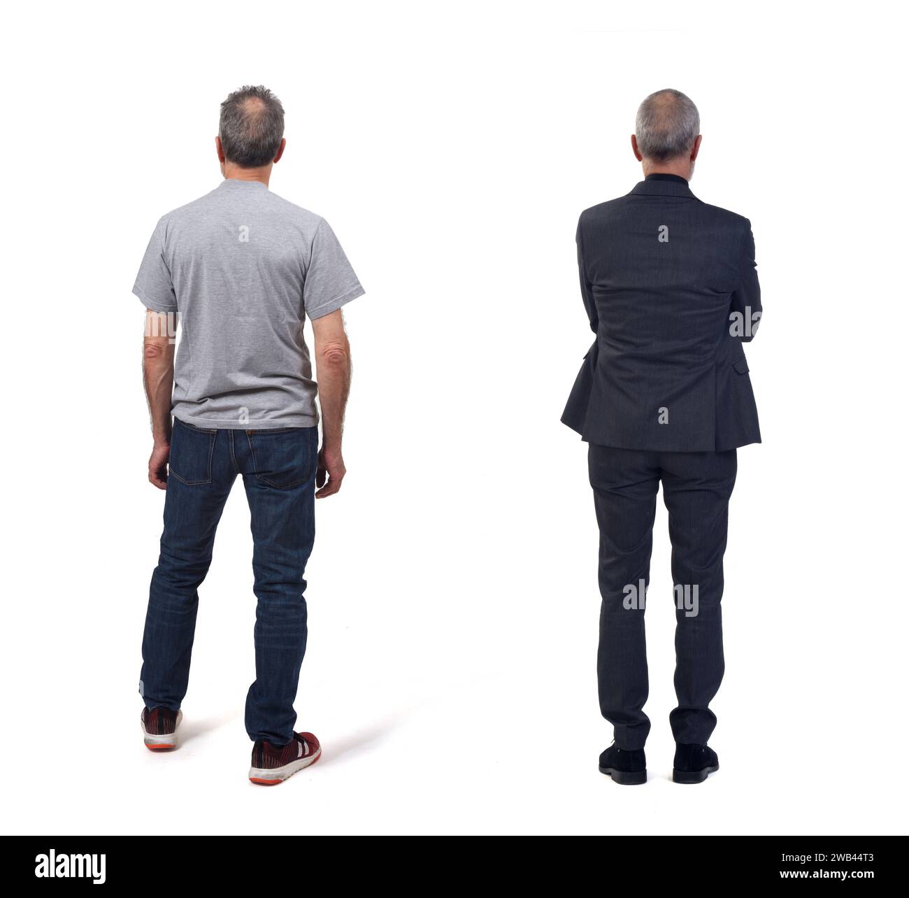 back view of the same man standing and dressed in a suit and casual ...