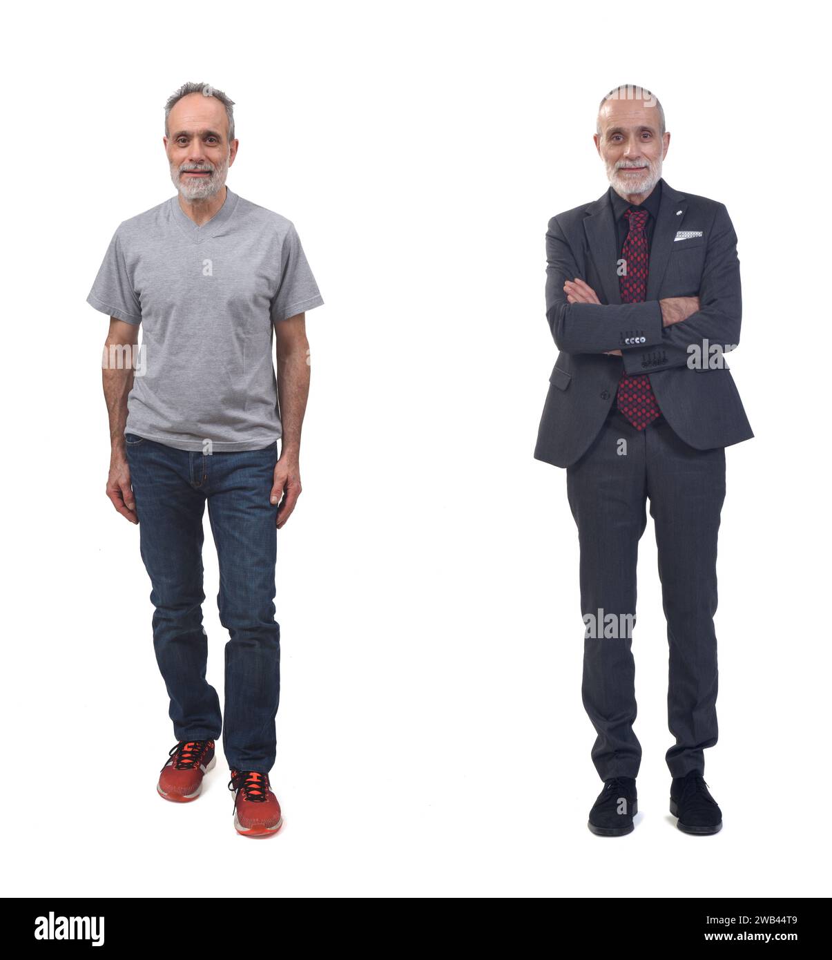 front view of the same man standing and dressed in a suit and casual ...