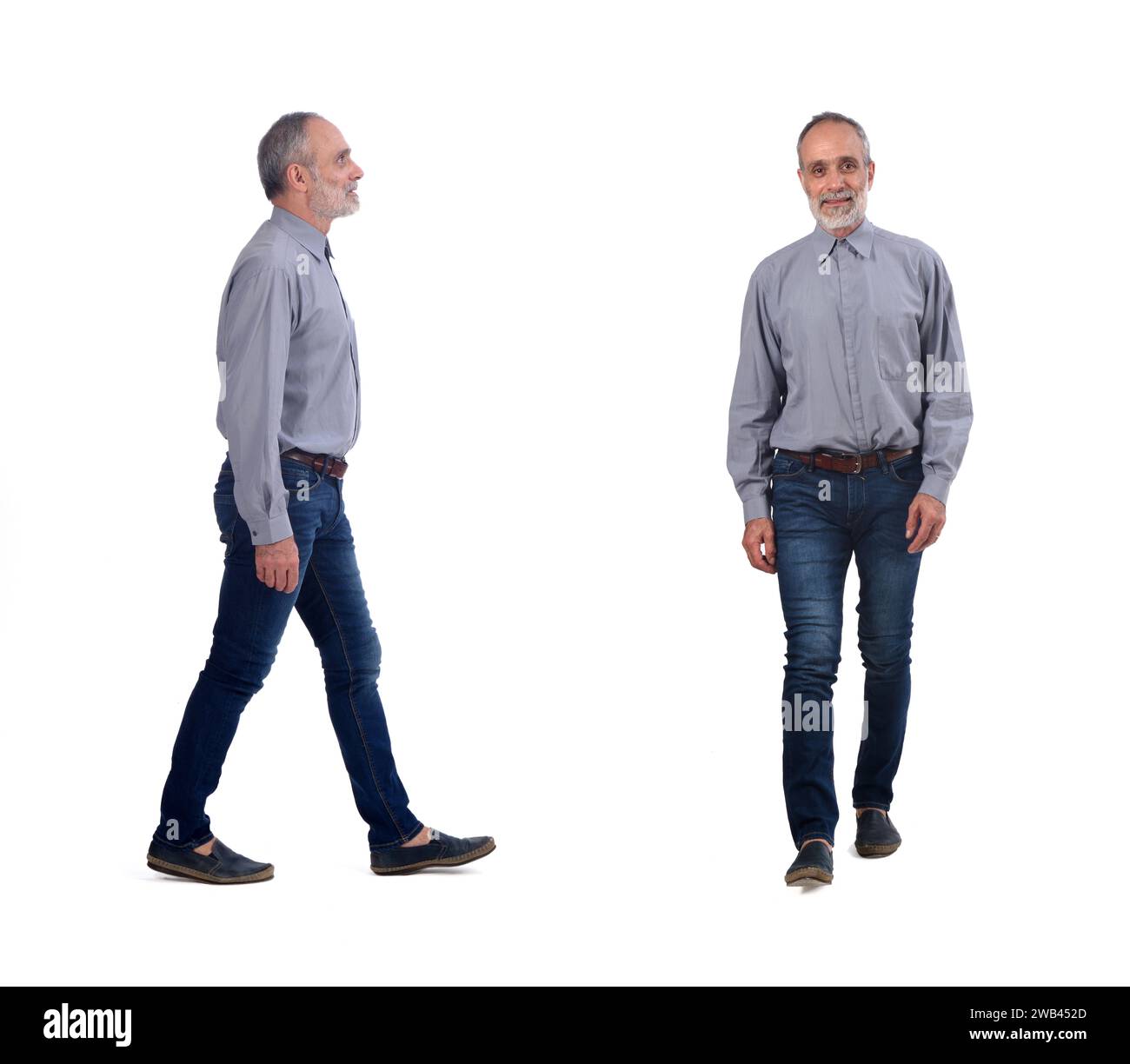 side and front view of same middle aged man walking on white background ...