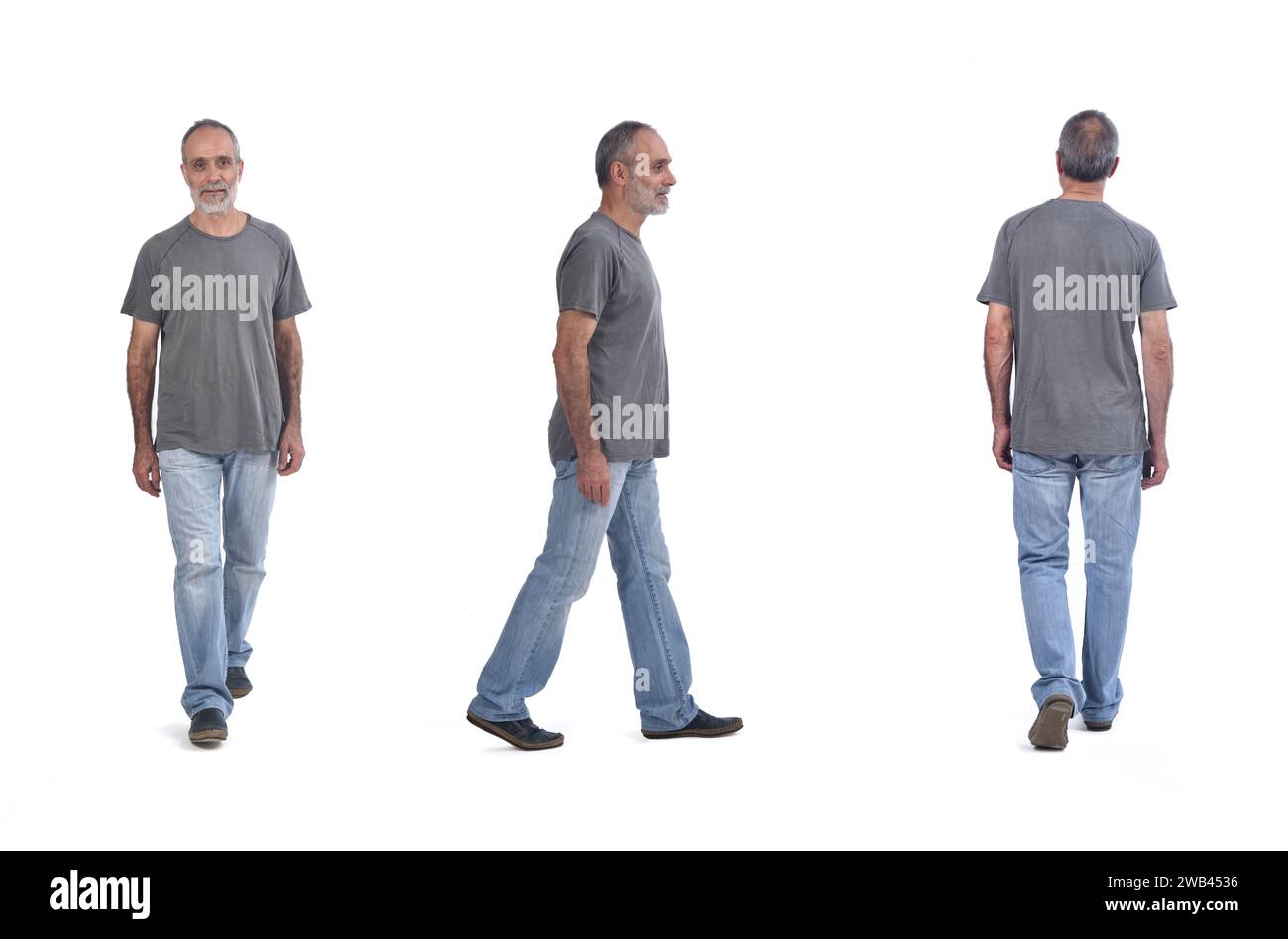 front side and back view of same man walking on white Stock Photo - Alamy