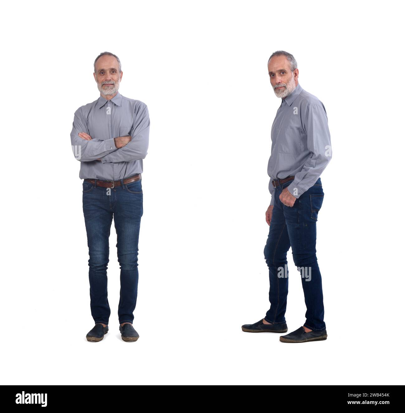 front and side view of same middle aged man standing on white ...