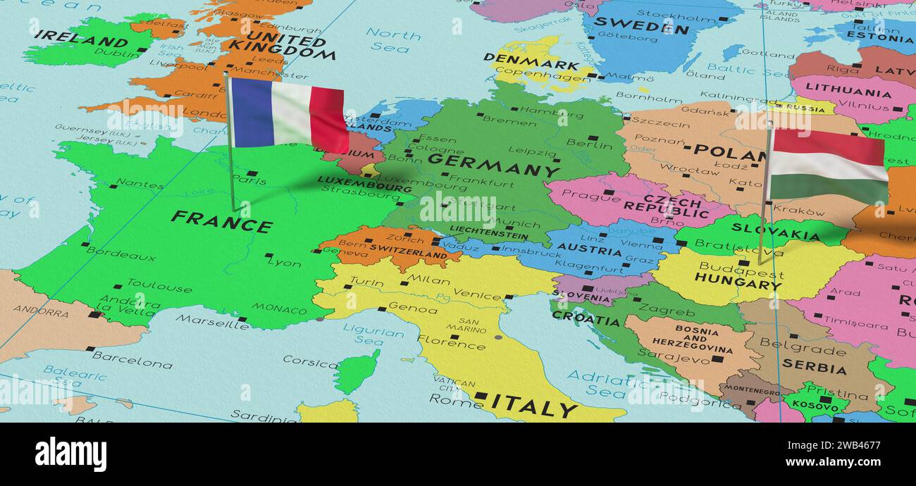 France and Hungary - pin flags on political map - 3D illustration Stock ...