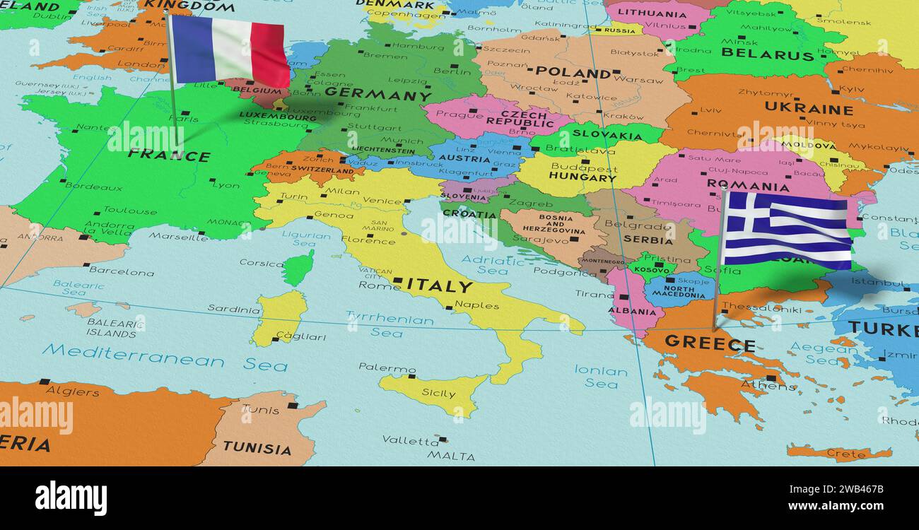 France and Greece - pin flags on political map - 3D illustration Stock ...