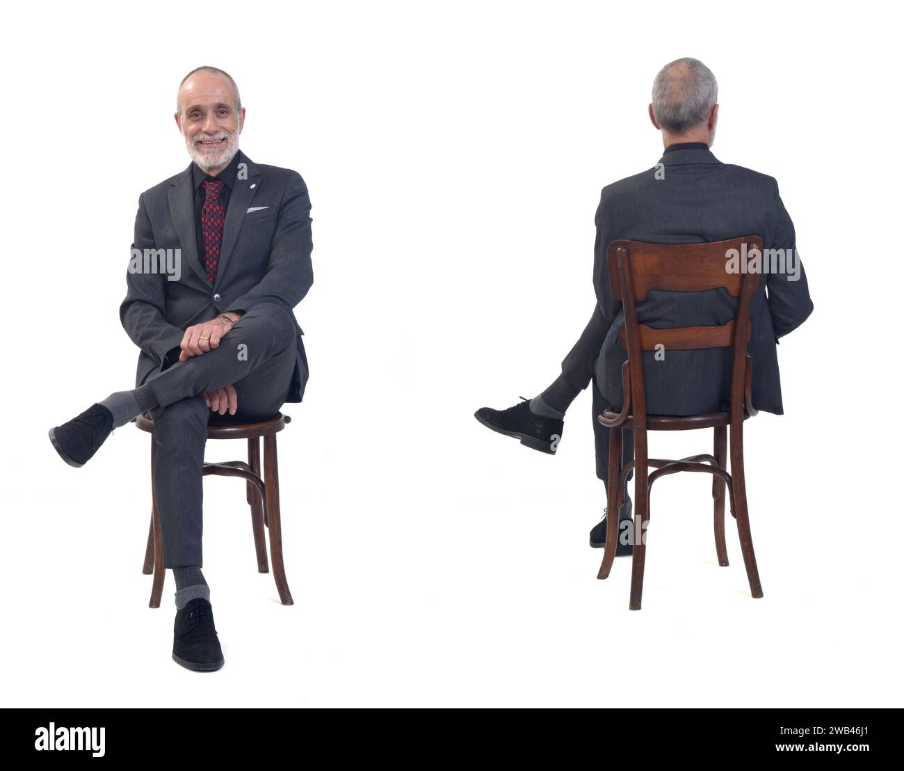 front and back of same man sitting on chair with tie on white ...