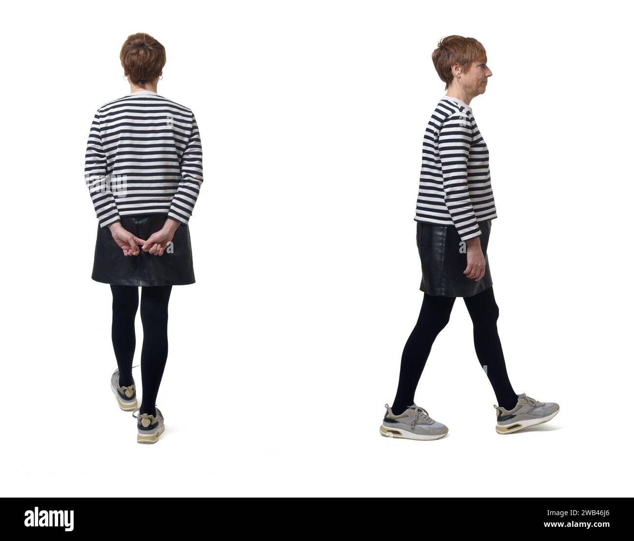 back and side view of same woman with squirt walking on white ...