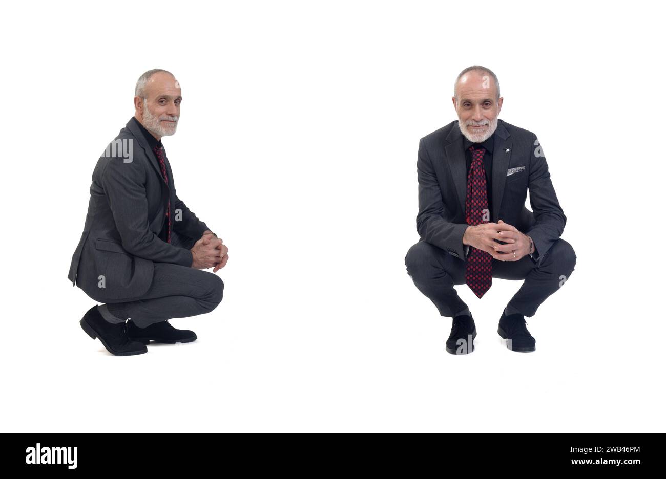 side and front view of same man dressed in a suit and tie on white ...