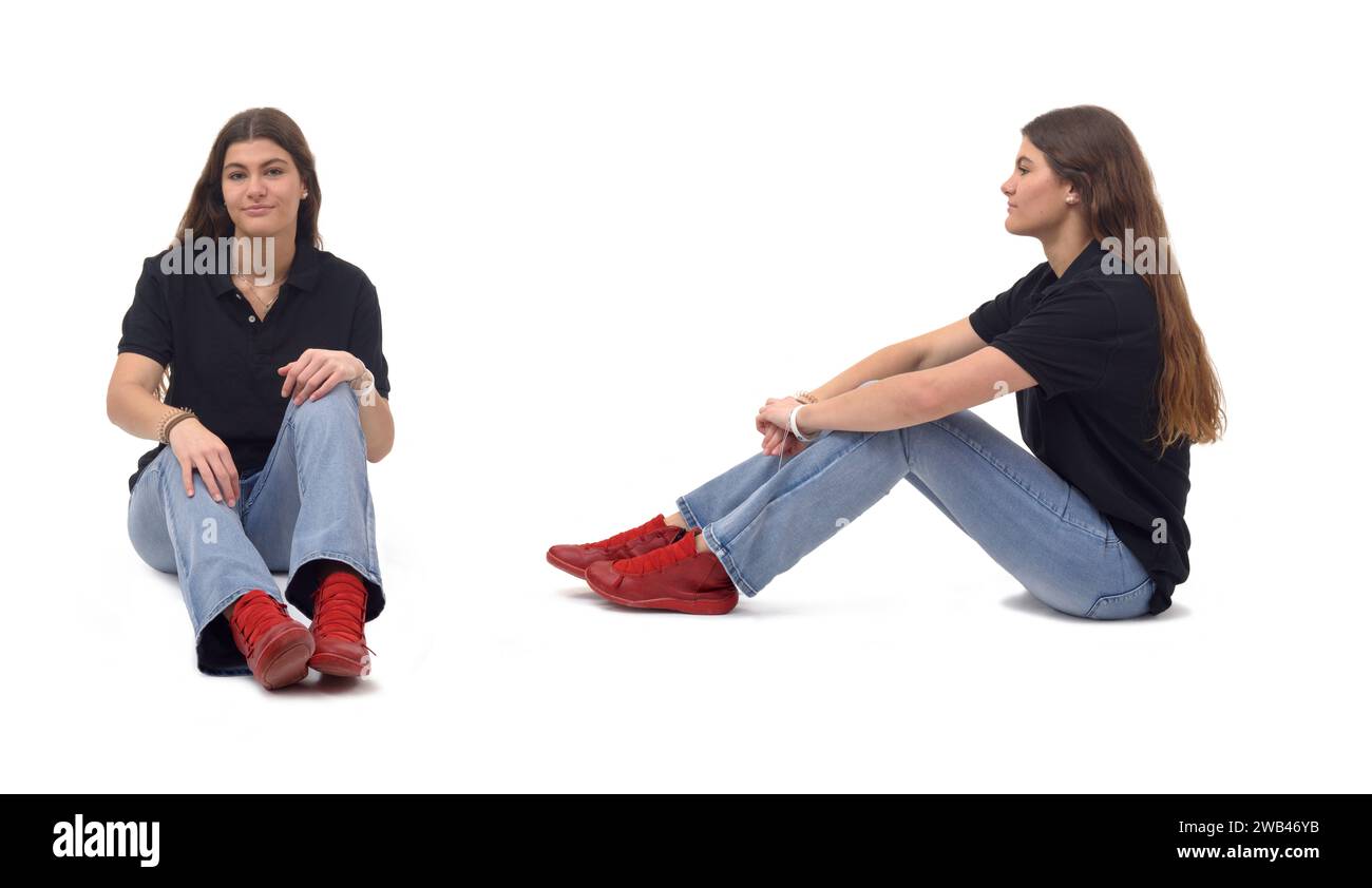 front and side view same young girl sitting on the floor on white ...