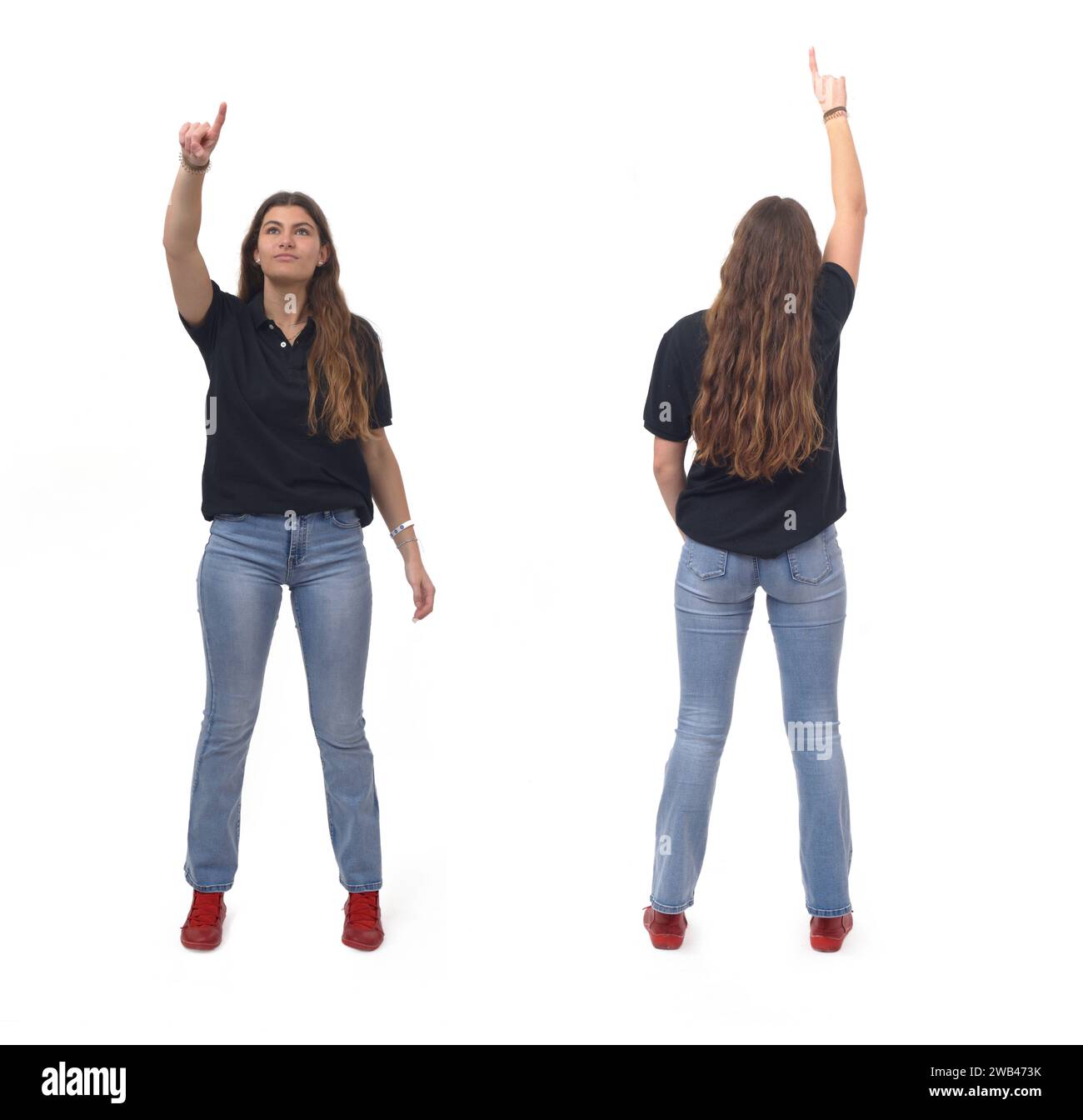 front and back view of same young girl pointing up on white background ...