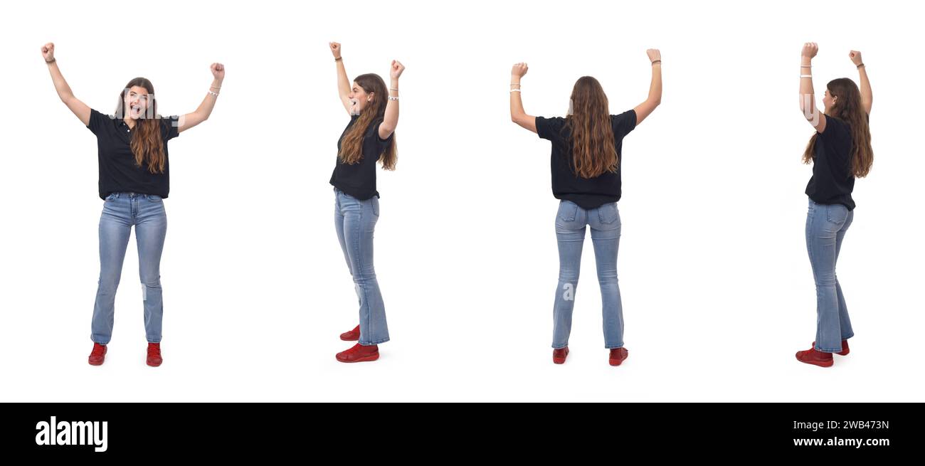 various poses of same young girl with arms raised on white background ...