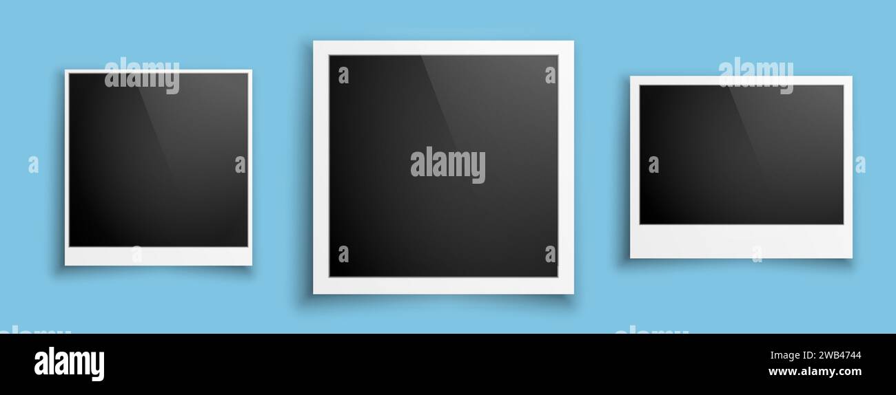A set of three retro photo frames on a blue background. Vintage paper ...