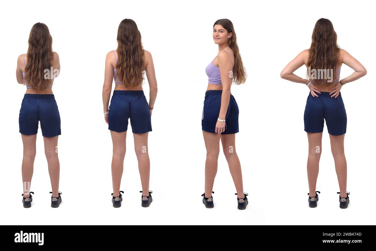 back view of a group of same young girl standing and turned and looking ...