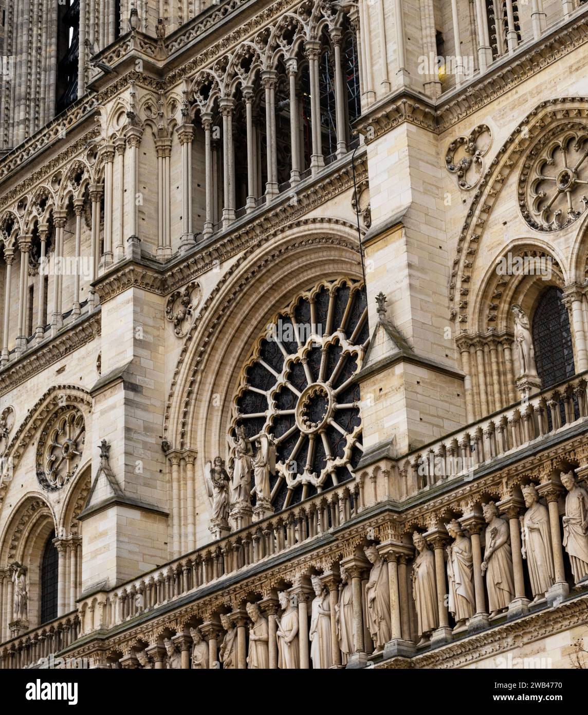 A detail of the west front of Notre Dame Cathedral in Paris, France ...