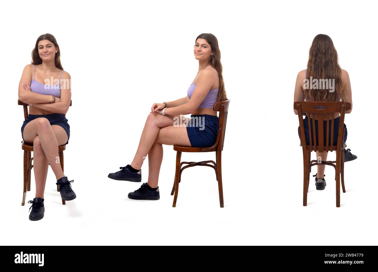 front, side and back view of young girl sitting on chair with cross-legged on white background ...