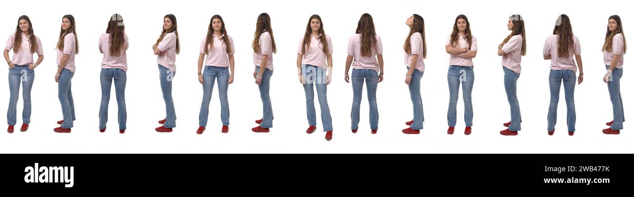 line of group of same young girl standing on white background Stock ...