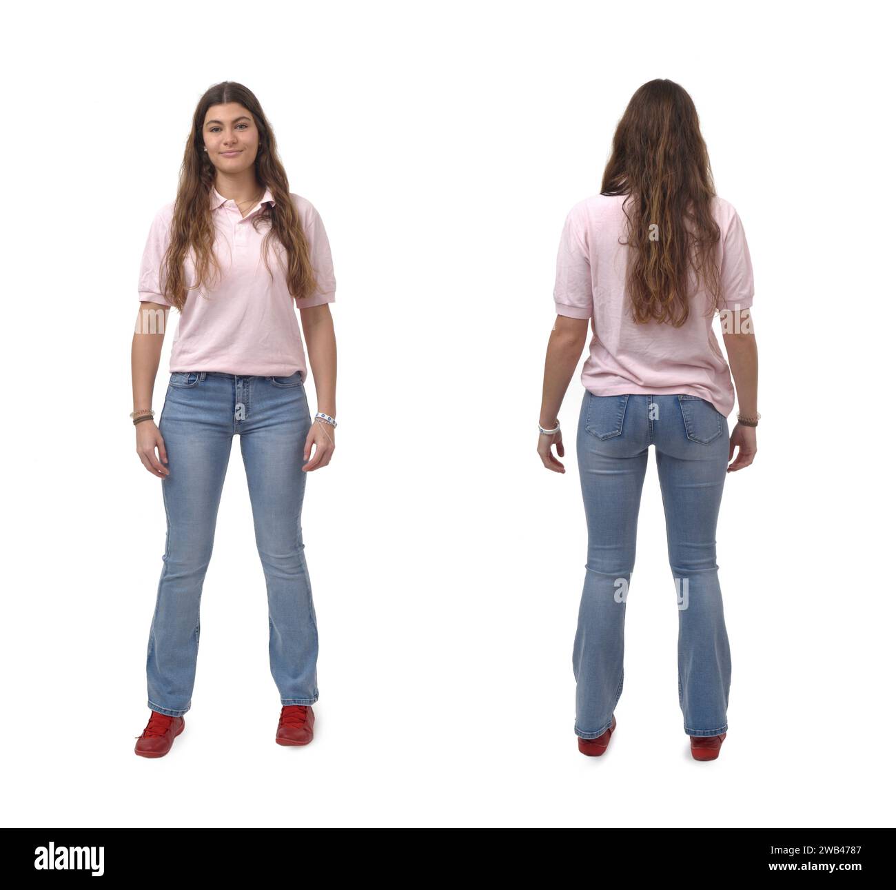 back and front view of a young girl standing on white background Stock ...