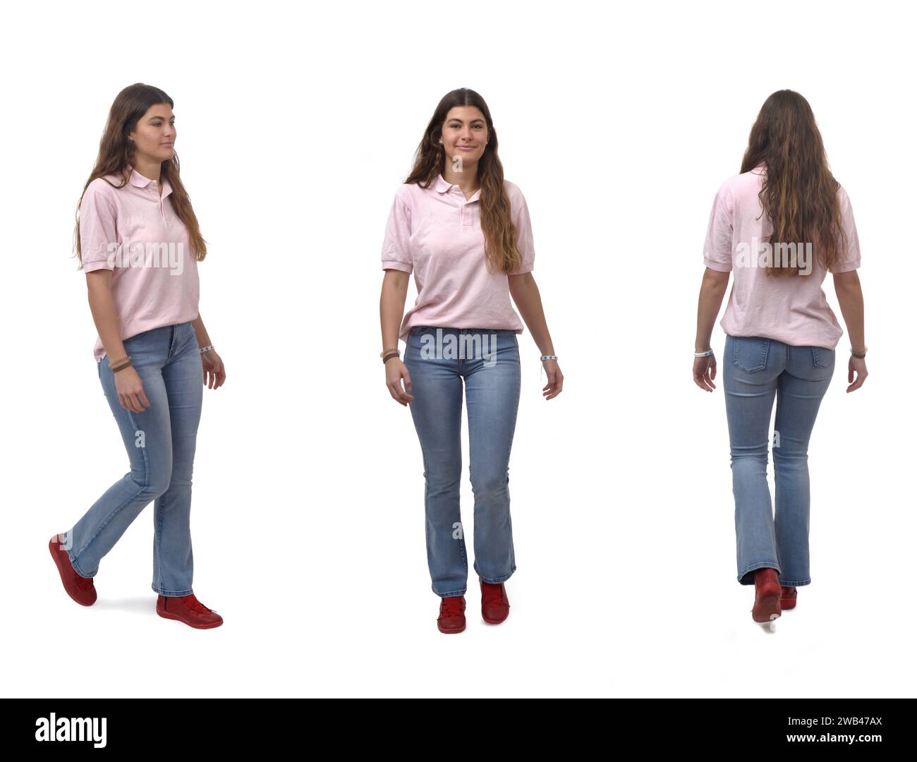 front,back and side view of a same young girl walking on white ...