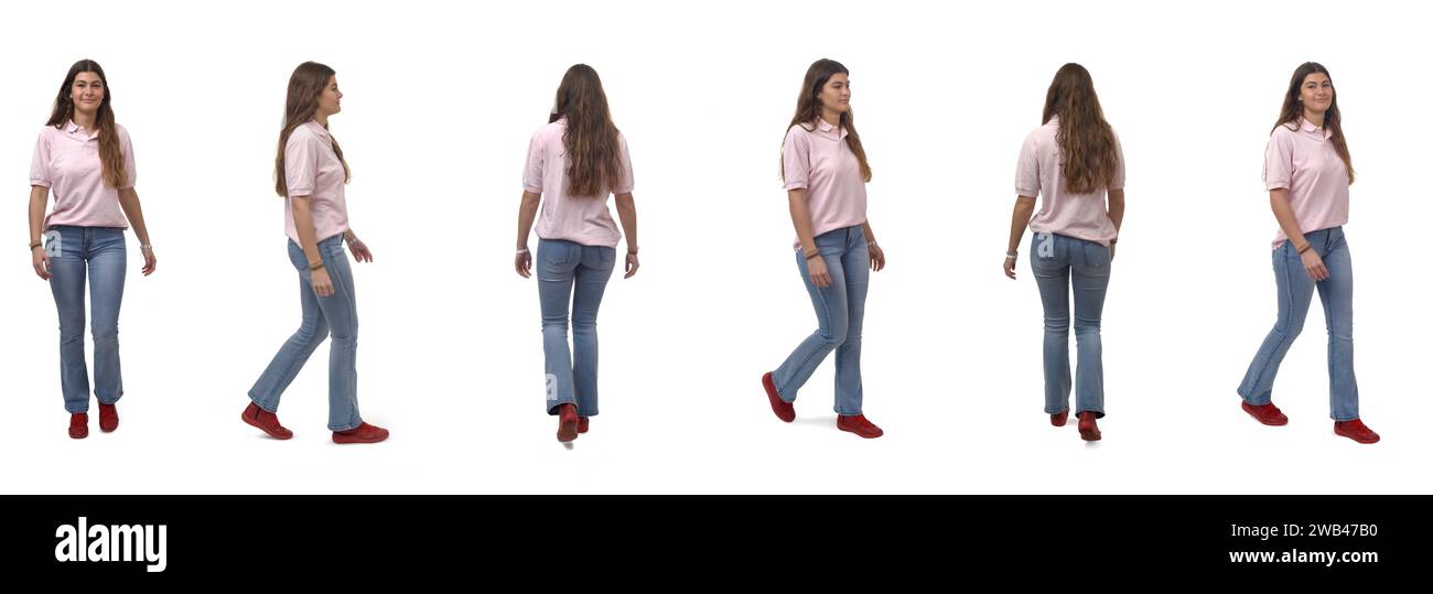line of front,back and side view of a same young girl walking on white ...