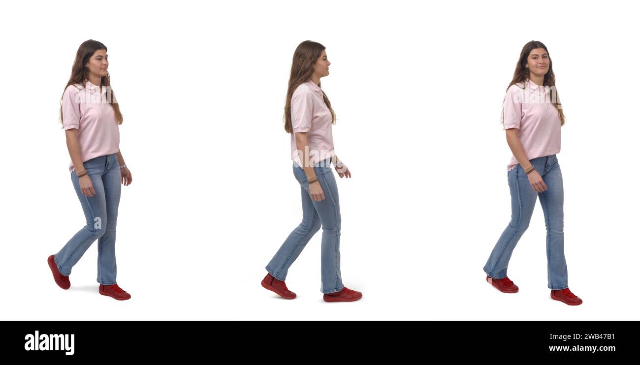 side view of a group same young girl walking on white background Stock ...