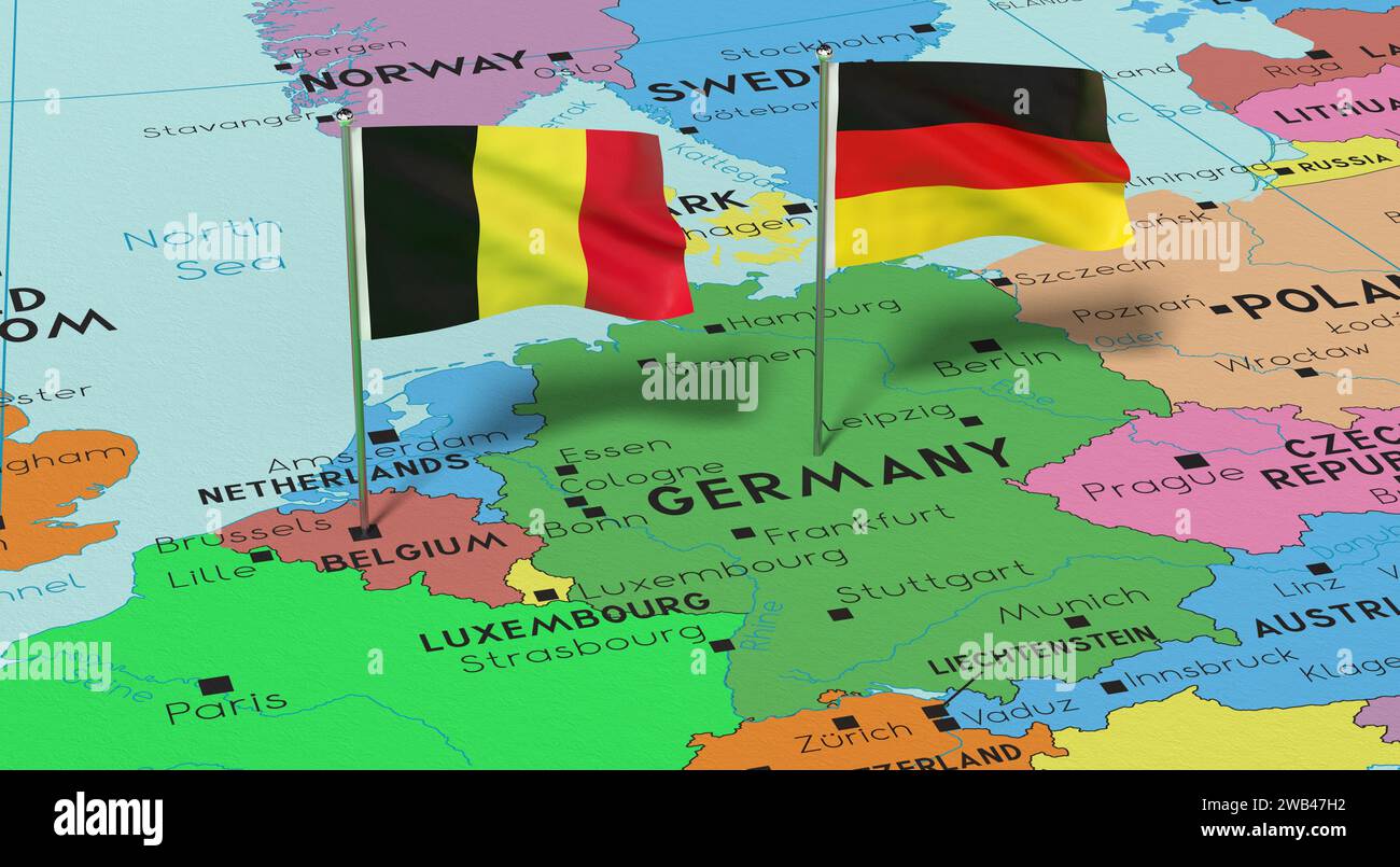 Germany and Belgium - pin flags on political map - 3D illustration ...