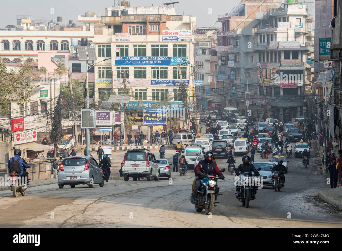 Kathmandu, Nepal- April 20,2019 Busy streets of Kathmandu crowded with ...