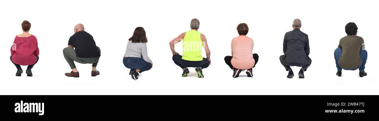 various poses of woman and men squatting on white background Stock ...