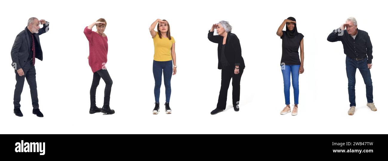 group of people standing and looking away with hand on forehead on ...