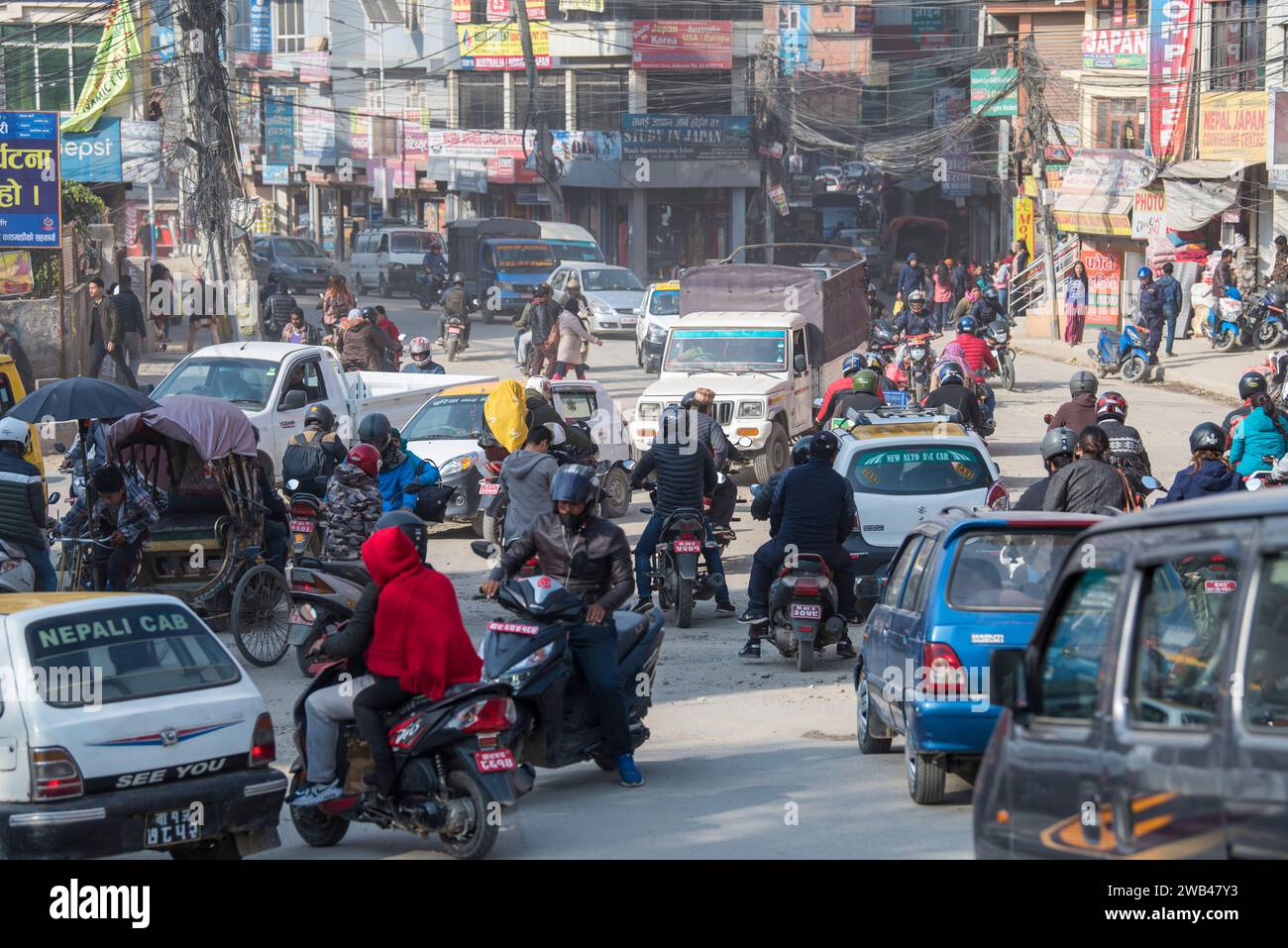 Kathmandu, Nepal- April 20,2019 Busy streets of Kathmandu crowded with ...