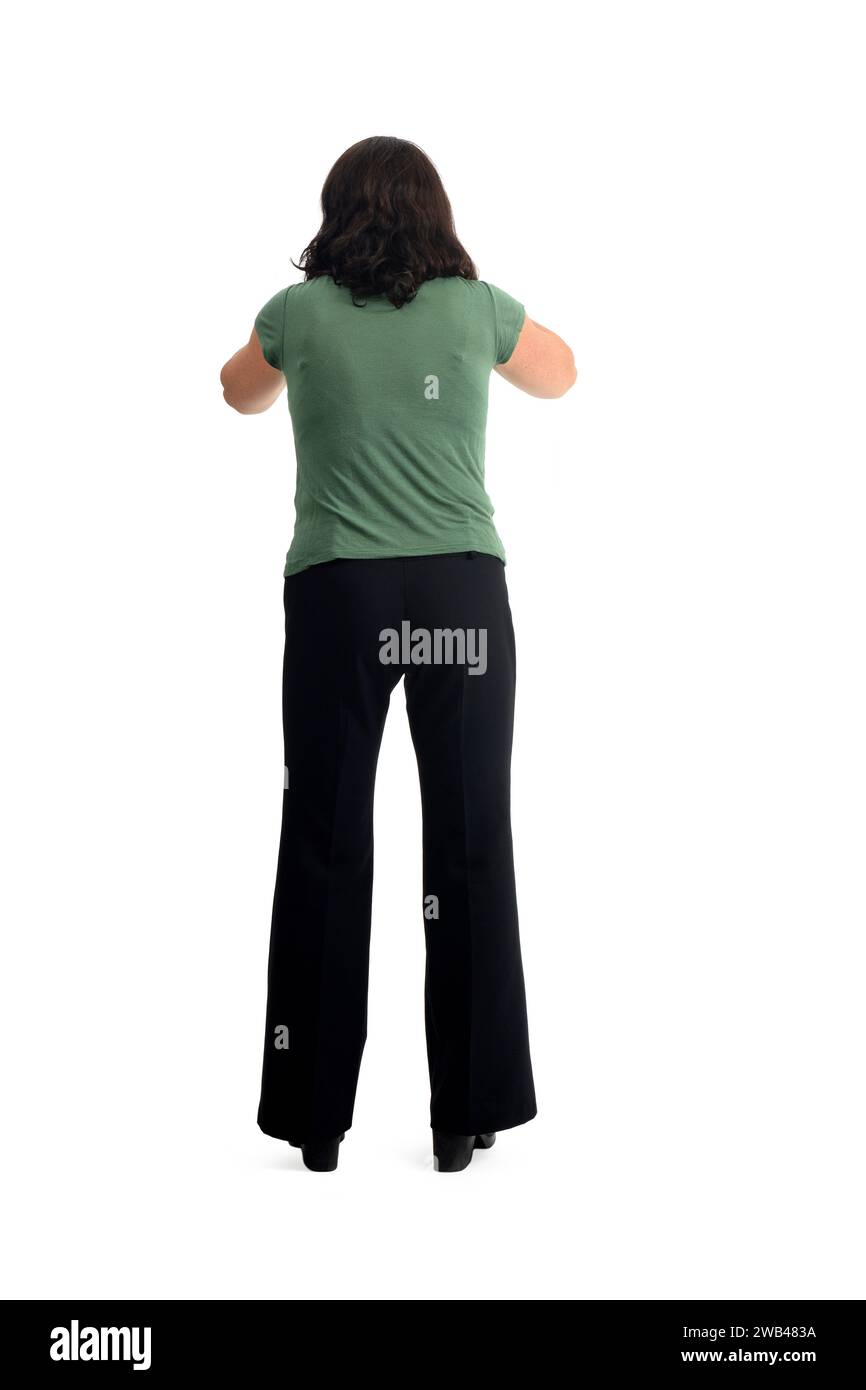 back view of a standing woman who is screaming on white background ...