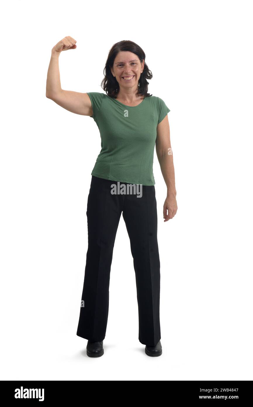 front view of a woman showing her bicep on white background Stock Photo ...