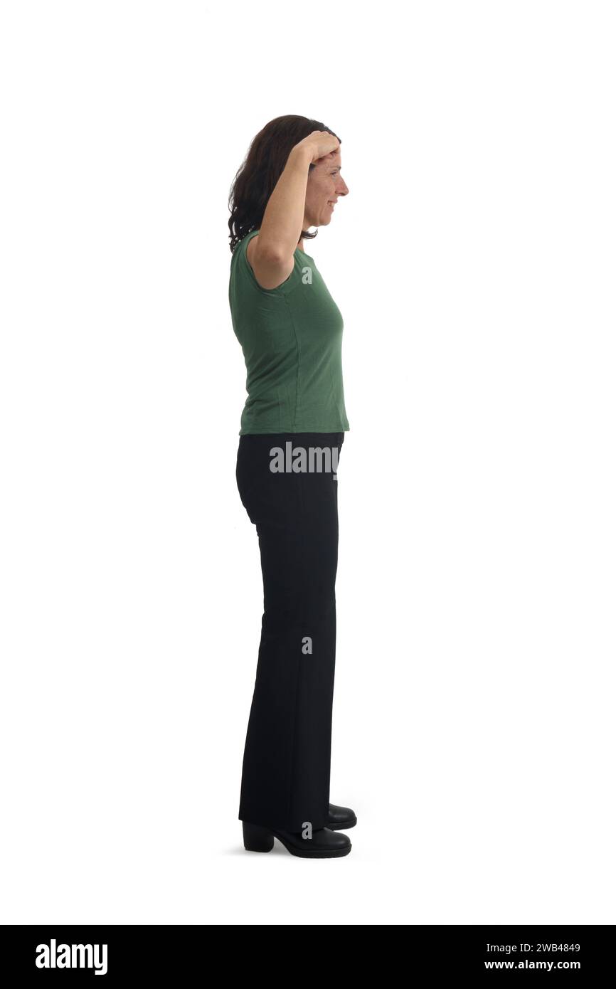 side view of a woman showing her bicep on white background Stock Photo ...
