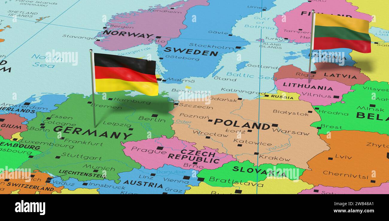 Germany and Lithuania - pin flags on political map - 3D illustration ...