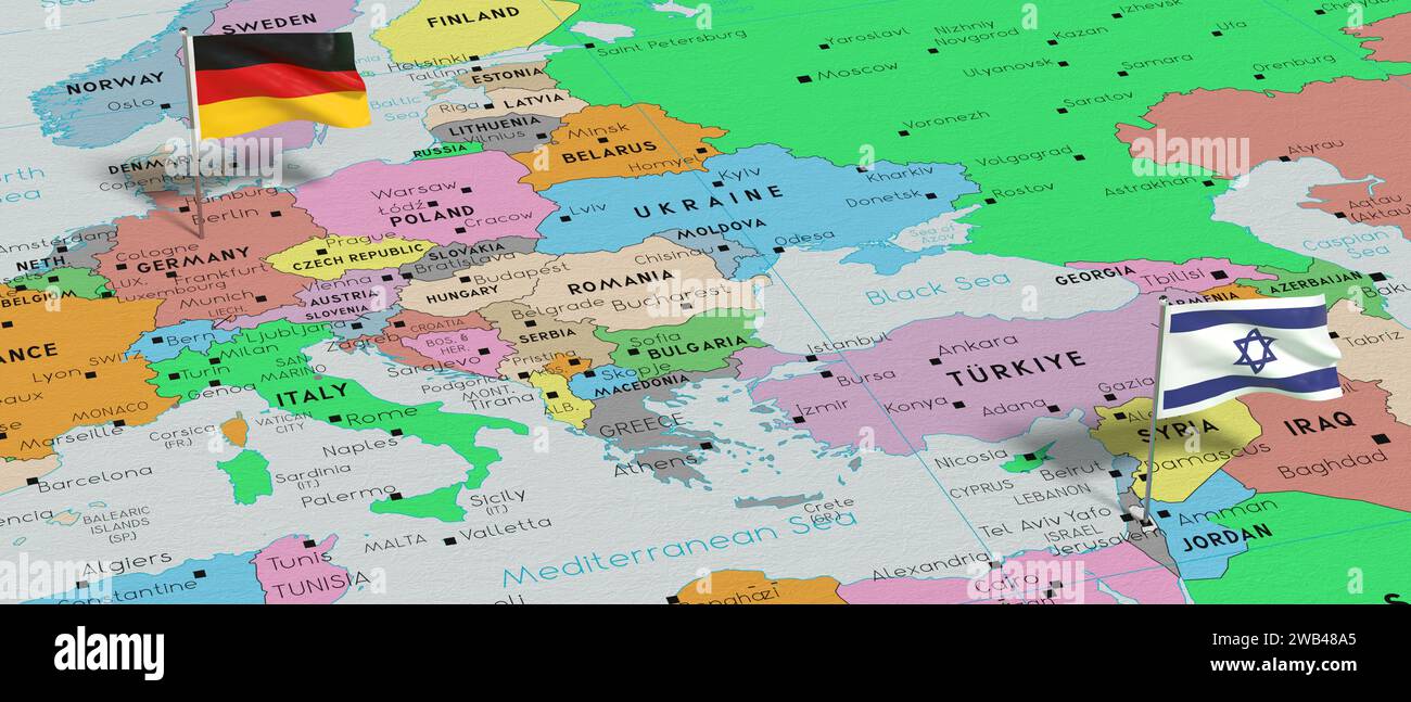 Germany and Israel - pin flags on political map - 3D illustration Stock ...