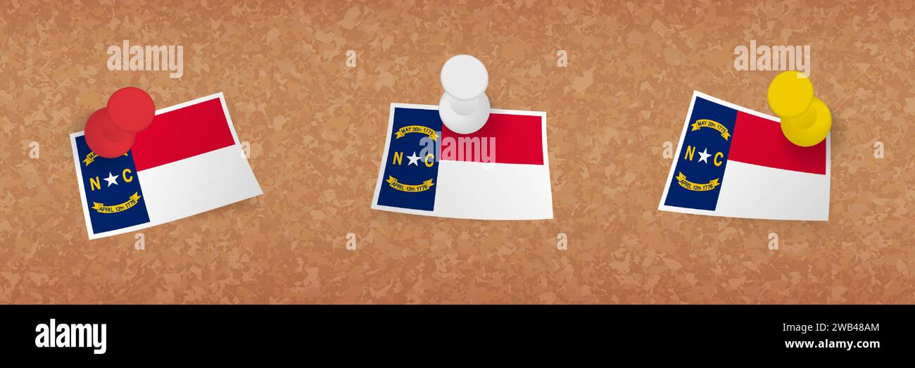 North Carolina flag pinned in cork board, three versions of North ...